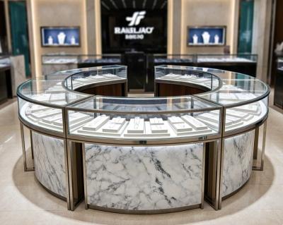 China Custom Round Jewelry Display Counter with LED Lighting, Luxury Curved Jewellery Showcase for Retail Store for sale