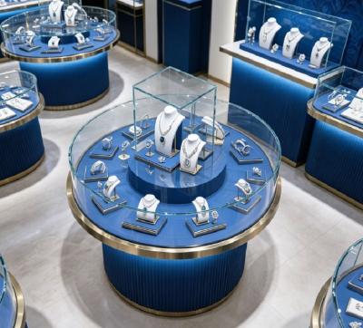 China Luxury Blue & Gold Double-Layer Circular Island Jewelry Display Case, Glass Showcase for sale