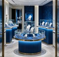 China Luxury Blue & Gold Double-Layer Circular Island Jewelry Display Case, Glass Showcase for sale