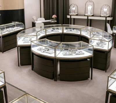 China Luxury Black & Gold Circular Jewelry Display Case Set, Full-Store Glass Showcase Solution for sale