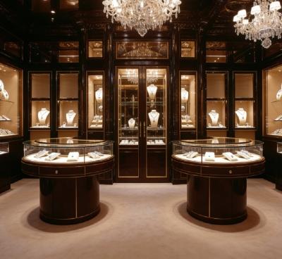 China Elegant Vintage Style LED Lighting Jewelry Display System Solid Wood Island Counter Wall Showcase for Luxury Jewelry Stores for sale