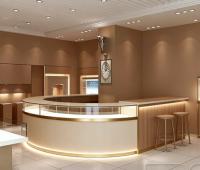 China Complete Set Luxury Iron Jewelry Store Furniture | Curved Middle Island Counter + Wall-Mounted LED Lit Showcase + Cashier for sale