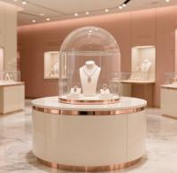 China Dome Jewelry Display Pedestal | Cream Body Rose Gold Trim Glass Cloche | Built-in LED Lights for Shopping Mall Showcase for sale