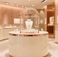 China Dome Jewelry Display Pedestal | Cream Body Rose Gold Trim Glass Cloche | Built-in LED Lights for Shopping Mall Showcase for sale