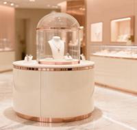 China Dome Jewelry Display Pedestal | Cream Body Rose Gold Trim Glass Cloche | Built-in LED Lights for Shopping Mall Showcase for sale
