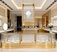 China Luxury Modern Curved Glass Jewelry Display Case with Gold Trim Premium Boutique Showcase for Fine Jewelry in Shopping Malls for sale