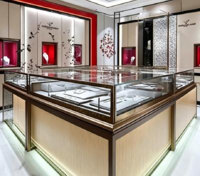 China Custom Luxury Jewelry Store New Chinese Red & Gold Glass Island Display Cabinet for sale