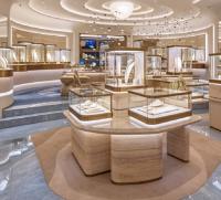 China Custom Luxury Jewelry Store Island Display Cabinet, Gold Trim Glass Jewelry Showcase for sale