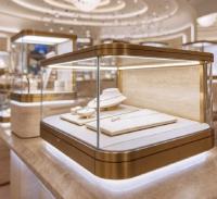 China Custom Luxury Jewelry Store Island Display Cabinet, Gold Trim Glass Jewelry Showcase for sale
