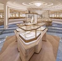 China Custom Luxury Jewelry Store Island Display Cabinet, Gold Trim Glass Jewelry Showcase for sale