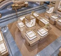 China Custom Luxury Jewelry Store Island Display Cabinet, Gold Trim Glass Jewelry Showcase for sale