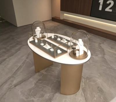 China Luxury Modern LED Lit Tempered Glass Metal MDF Jewelry Retail Display Booth Design Store Fixture Wooden Showcase for sale