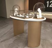 China Luxury Modern LED Lit Tempered Glass Metal MDF Jewelry Retail Display Booth Design Store Fixture Wooden Showcase for sale