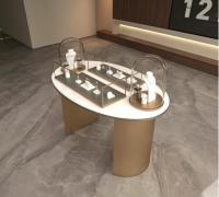 China Luxury Modern LED Lit Tempered Glass Metal MDF Jewelry Retail Display Booth Design Store Fixture Wooden Showcase for sale