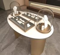 China Luxury Modern LED Lit Tempered Glass Metal MDF Jewelry Retail Display Booth Design Store Fixture Wooden Showcase for sale