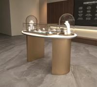 China Luxury Modern LED Lit Tempered Glass Metal MDF Jewelry Retail Display Booth Design Store Fixture Wooden Showcase for sale