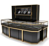 China Luxury Black & Gold Jewelry Display Counter Set, Custom Glass Showcase with LED Lighting for High-End Jewelry & Watch Boutique for sale