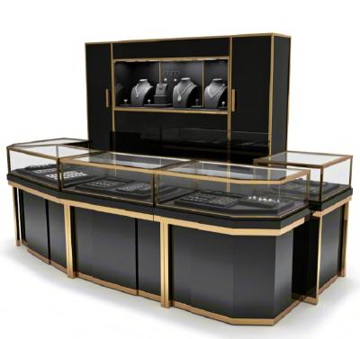 China Luxury Black & Gold Jewelry Display Counter Set, Custom Glass Showcase with LED Lighting for High-End Jewelry & Watch Boutique for sale