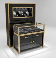 China Luxury Black & Gold Jewelry Display Counter Set, Custom Glass Showcase with LED Lighting for High-End Jewelry & Watch Boutique for sale