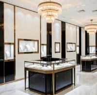 China Modern LED Lit Jewelry Display Counter White & Gold Glass Showcase for Luxury Jewelry Retail in Shopping Malls for sale