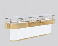 China Luxury Gold Jewelry Display Case with LED Lighting Curved Glass Showcase for Ring Necklace Watch Retail Store and Shopping Mall for sale