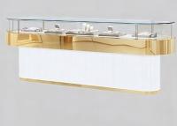 China Luxury Gold Jewelry Display Case with LED Lighting Curved Glass Showcase for Ring Necklace Watch Retail Store and Shopping Mall for sale