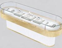 China Luxury Gold Jewelry Display Case with LED Lighting Curved Glass Showcase for Ring Necklace Watch Retail Store and Shopping Mall for sale
