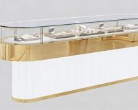 China Luxury Gold Jewelry Display Case with LED Lighting Curved Glass Showcase for Ring Necklace Watch Retail Store and Shopping Mall for sale