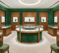 China Elegant Circular Jewelry Display Counter Solid Wood Frame Green Velvet Base Tempered Glass Showcase LED Lighting Luxury Mall for sale