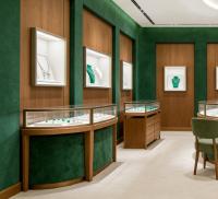 China Elegant Circular Jewelry Display Counter Solid Wood Frame Green Velvet Base Tempered Glass Showcase LED Lighting Luxury Mall for sale