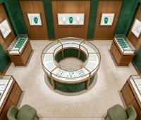 China Elegant Circular Jewelry Display Counter Solid Wood Frame Green Velvet Base Tempered Glass Showcase LED Lighting Luxury Mall for sale