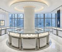 China Luxury Island Jewelry Display Counter Marble Base Gold Trim Glass Showcase LED Lights GZowin Brand Customized Design Luxury for sale