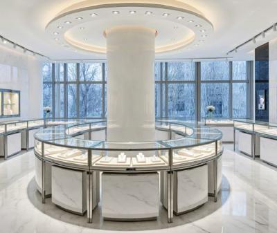 China Luxury Island Jewelry Display Counter Marble Base Gold Trim Glass Showcase LED Lights GZowin Brand Customized Design Luxury for sale