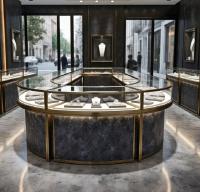 China High-End Custom Circular Jewelry Display Counter Premium Dark Marble Gold Metal Tempered Glass LED Showcase Luxury Jewelry Store for sale