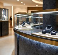 China High-End Custom Circular Jewelry Display Counter Premium Dark Marble Gold Metal Tempered Glass LED Showcase Luxury Jewelry Store for sale