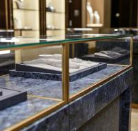 China High-End Custom Circular Jewelry Display Counter Premium Dark Marble Gold Metal Tempered Glass LED Showcase Luxury Jewelry Store for sale