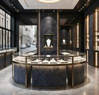 China High-End Custom Circular Jewelry Display Counter Premium Dark Marble Gold Metal Tempered Glass LED Showcase Luxury Jewelry Store for sale