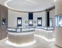 China Jewelry Shop Decoration Wooden Jewelry Island Cabinet Glass Display Showcase with LED for sale