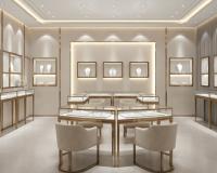 China Modern Luxury Jewelry Display Counter Set with Gold Trim Tempered Glass Showcase and LED Lighting for Mall Use for sale