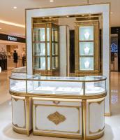 China European Aluminium Jewelry Display Counter | White Marble Gold Carved | LED Curved Glass Showcase for Mall Retail Stores for sale