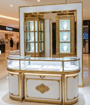 China European Aluminium Jewelry Display Counter | White Marble Gold Carved | LED Curved Glass Showcase for Mall Retail Stores for sale