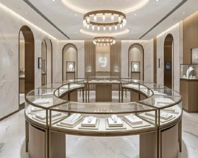 China Curved Modular Jewelry Display Counter LED Lighting Brushed Bronze Frame | Customizable Dimensions for Luxury Malls Jewelry for sale