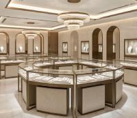 China Curved Modular Jewelry Display Counter LED Lighting Brushed Bronze Frame | Customizable Dimensions for Luxury Malls Jewelry for sale