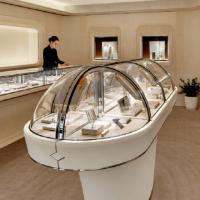 China Luxury Curved Dome Jewelry Display Counter | White Body Polished Gold Trim | Curved Glass Showcase Shopping Mall Retail Store for sale