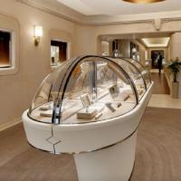 China Luxury Curved Dome Jewelry Display Counter | White Body Polished Gold Trim | Curved Glass Showcase Shopping Mall Retail Store for sale