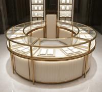 China Circular Modular Modern Luxury Jewelry Island Counter | Brushed Gold Wood Grain | LED Tempered Glass Showcase for sale