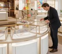 China Curved Single Jewelry Display Showcase LED | Cream Color Gold Metal Edging | Rounded Corner High-End Jewelry Boutique for Mall for sale