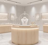China Rounded Corner Island Jewelry Display Counter | Light Wood Body Gold Trim Glass Showcase | Built-in LED Lights High Showroom for sale