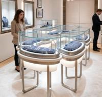 China Jewelry Display Pedestal LED Lighting | Brushed Silver Metal Frame Glass Enclosure | Luxury Counter High-End Jewelry Boutique for sale