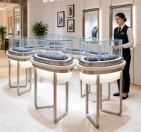 China Jewelry Display Pedestal LED Lighting | Brushed Silver Metal Frame Glass Enclosure | Luxury Counter High-End Jewelry Boutique for sale